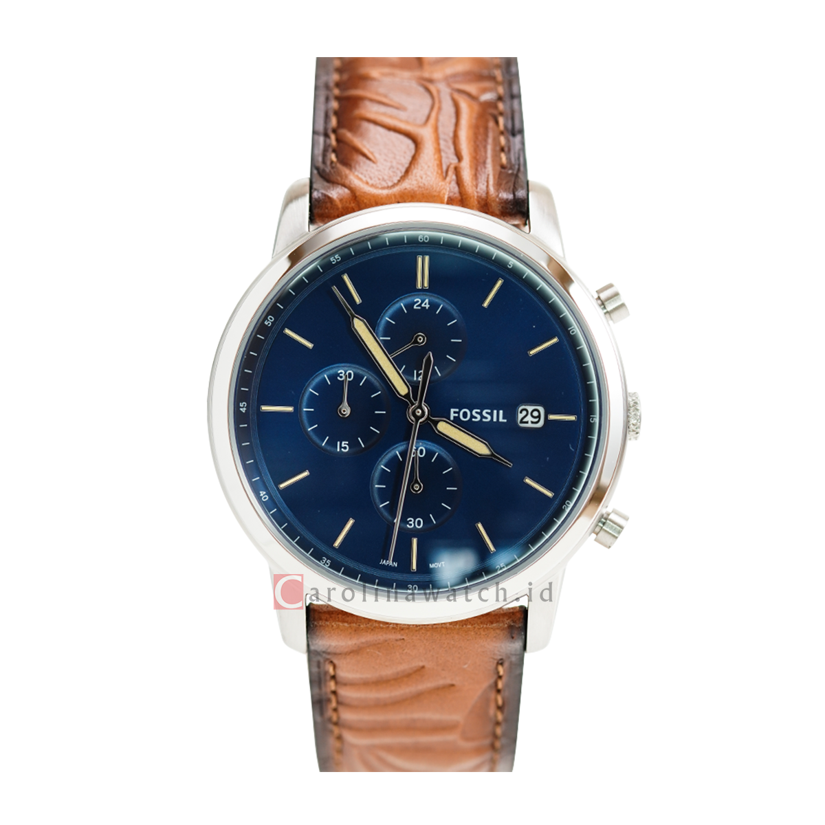 Jam Tangan Fossil Minimalist FS5928 Chronograph Men Blue Dial Brown Le ...