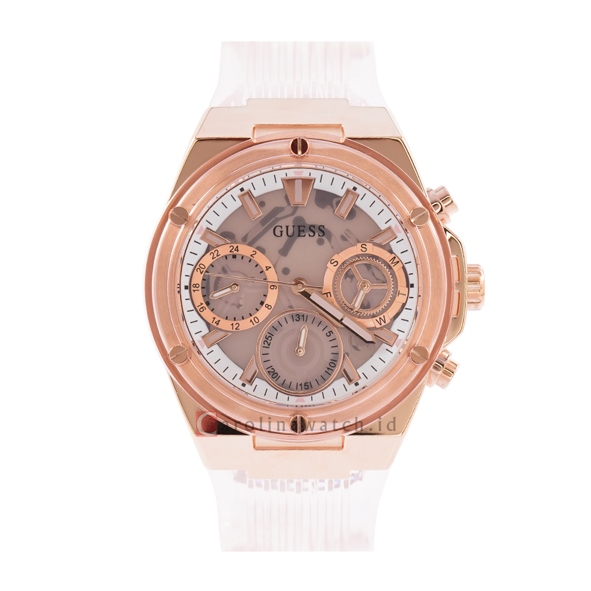 Jam Tangan GUESS Eco Friendly GW0409L3 Women Pink Dial Pink Clear Rubb ...